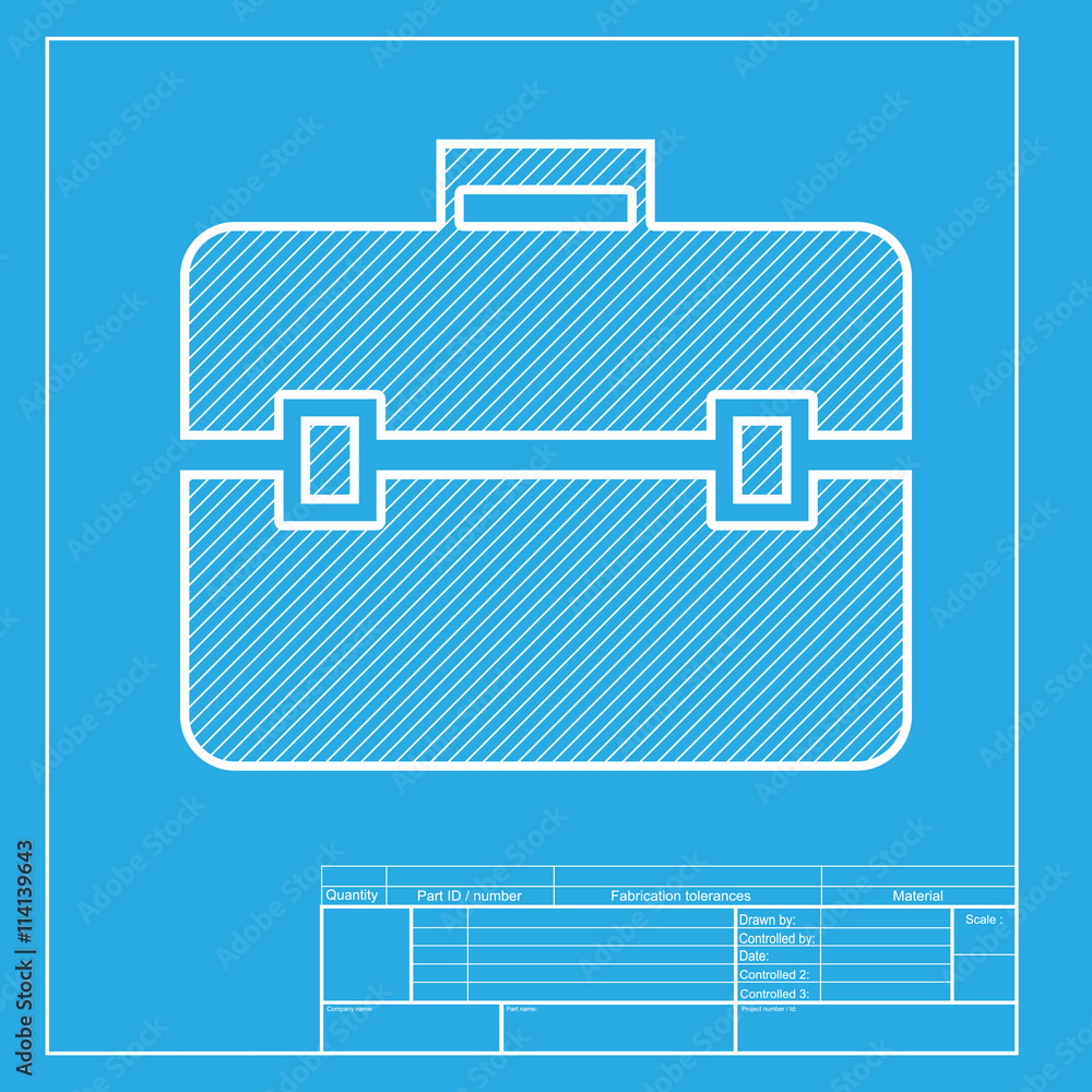 Briefcase sign illustration. White section of icon on blueprint ...