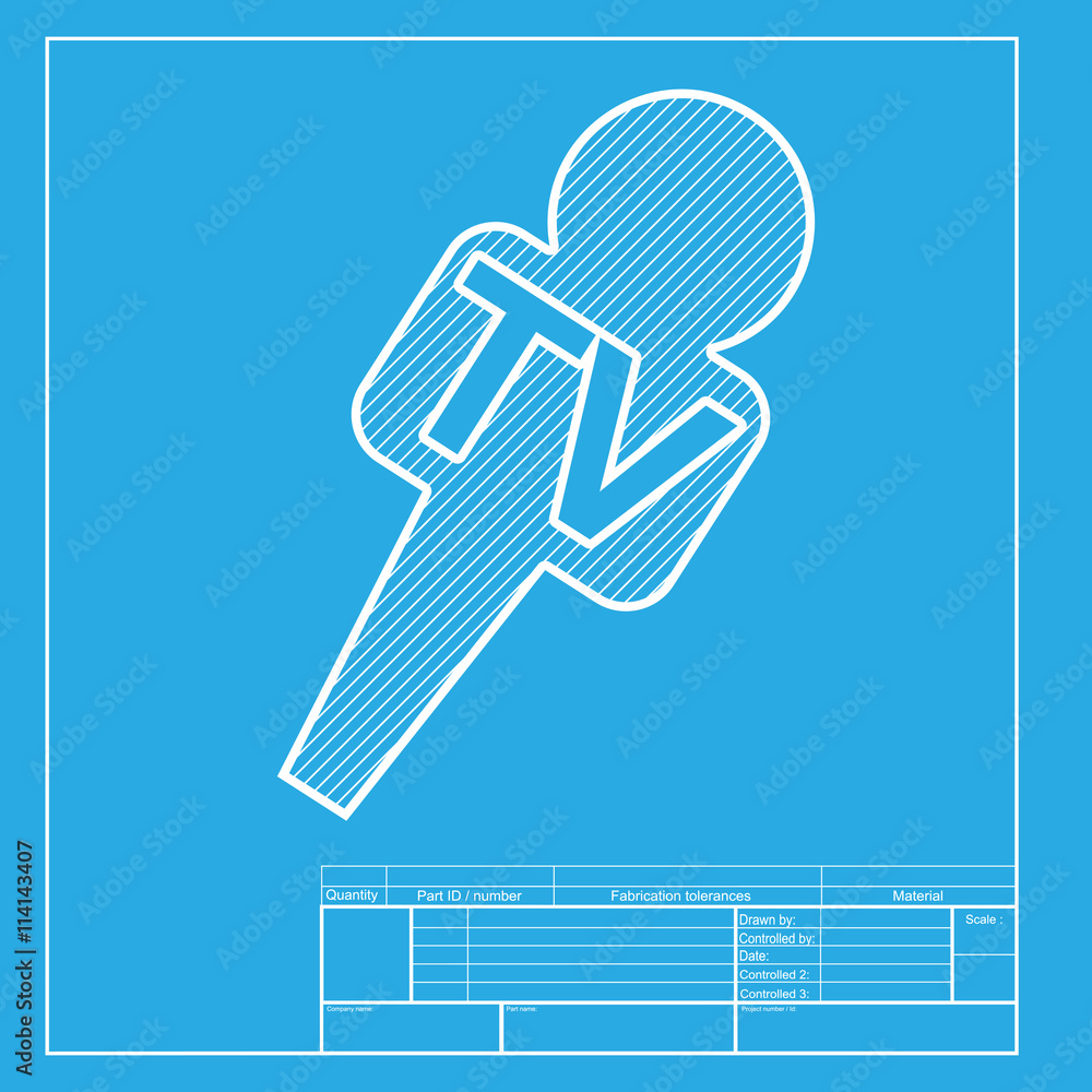 TV microphone sign illustration. White section of icon on blueprint ...