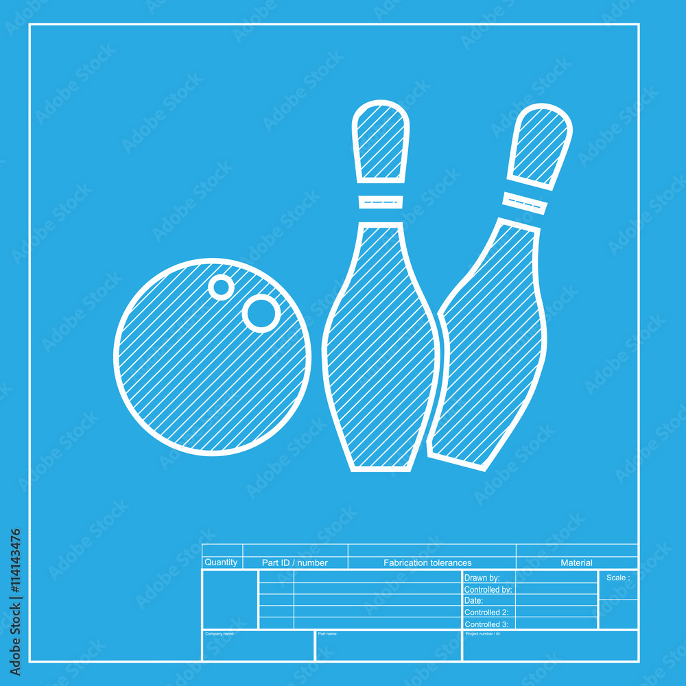 Bowling sign illustration. White section of icon on blueprint template ...