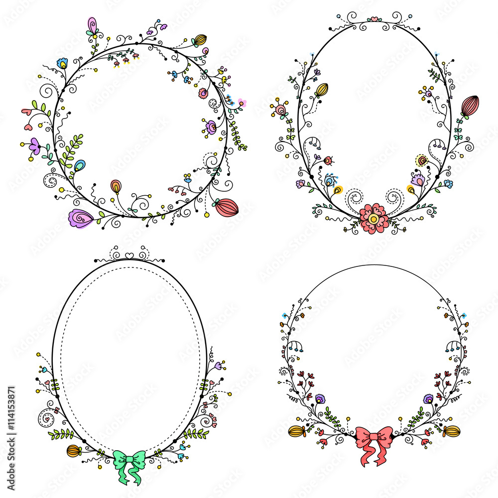 Vector set of black border and color flower on circle frame Stock ...