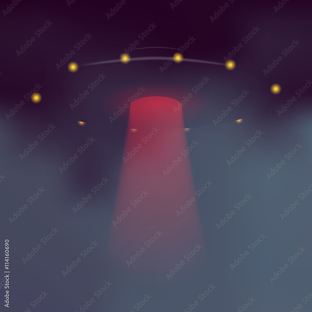 UFO with red light beam. Vector alien flying saucer on dark abstract ...