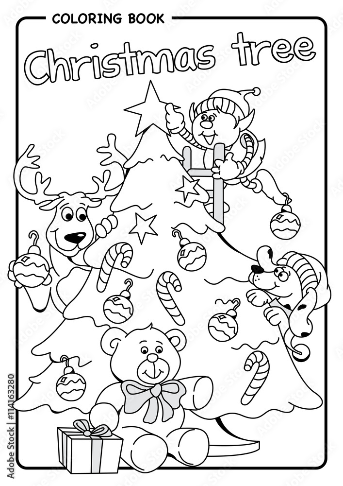 Elf, reindeer and dog decorate the Christmas tree with stars, bulbs and ...