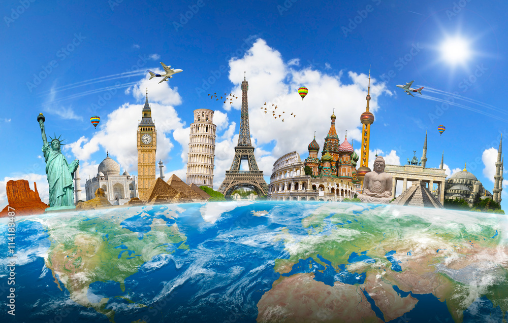 Famous landmarks of the world grouped together on planet Earth Stock ...