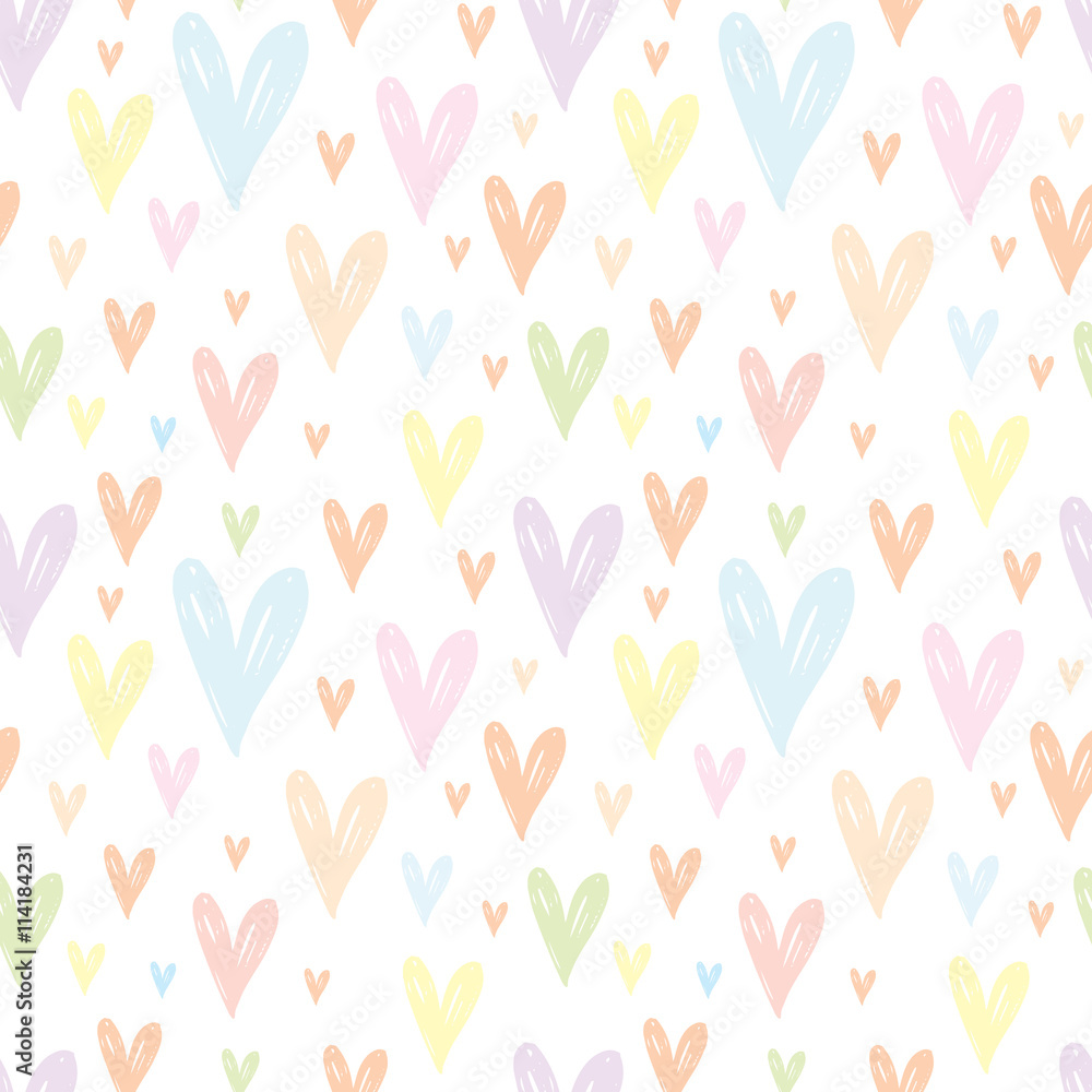 Vector seamless pattern with hand drawn colored hearts. Heart colored ...