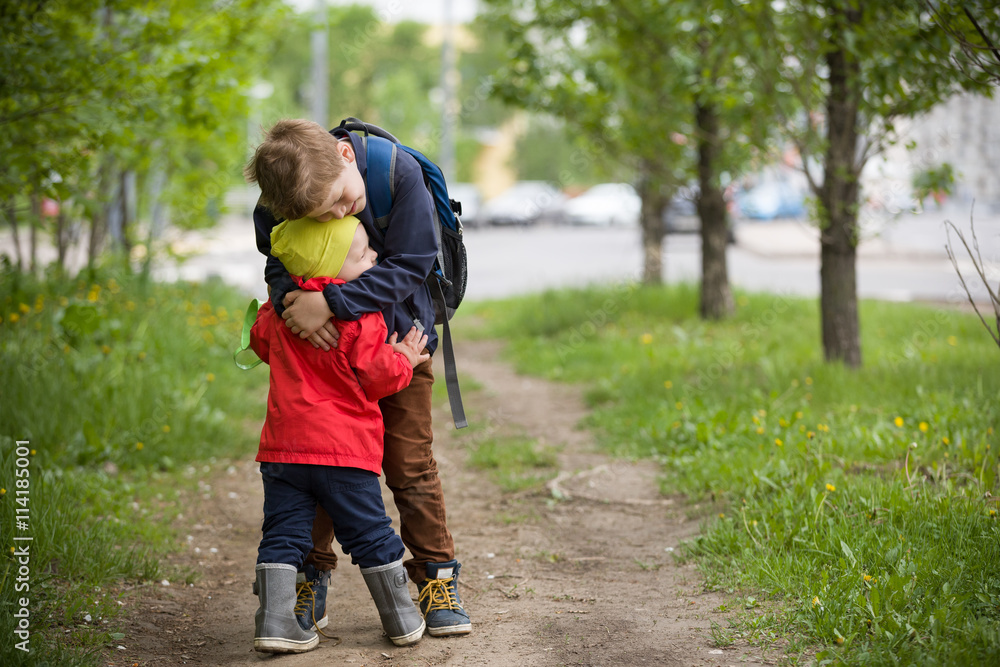 Two little brothers hugging each other when meeting in the park. Cute ...