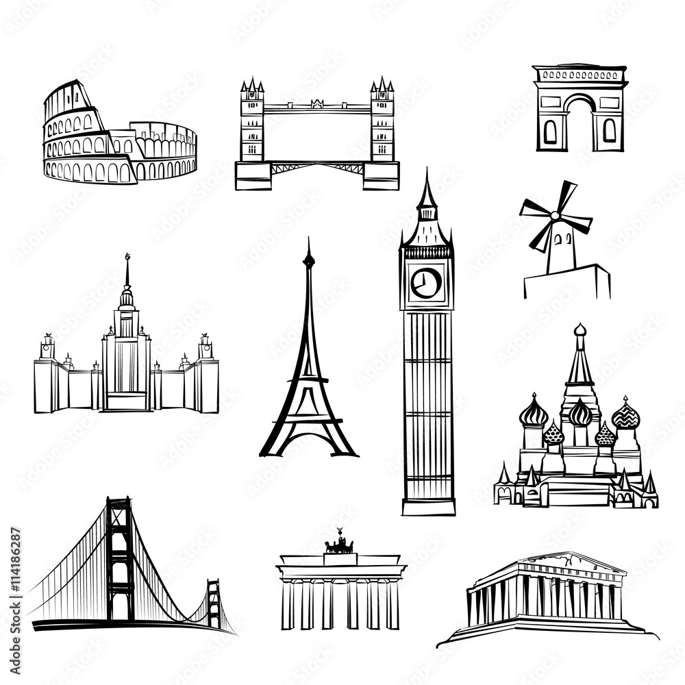World famous city landmarks Travel locations icon set Sightseeing Stock ...