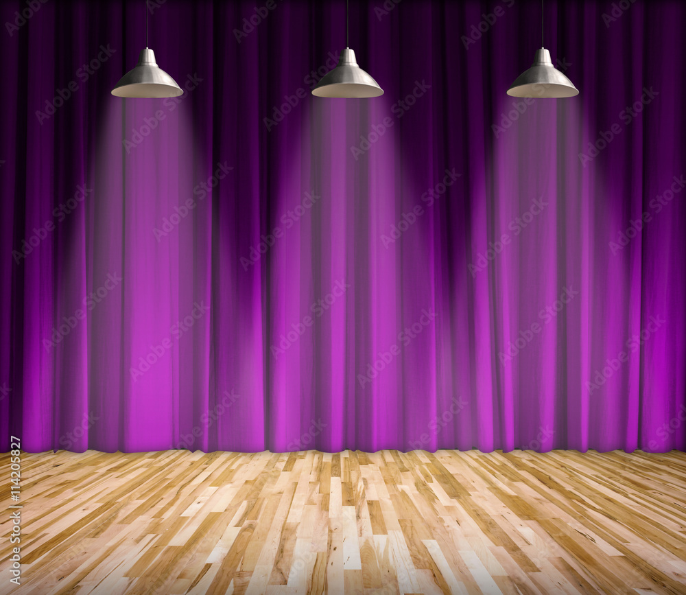 Background. Lamp with lighting on stage. Lamp with purple curtain and ...