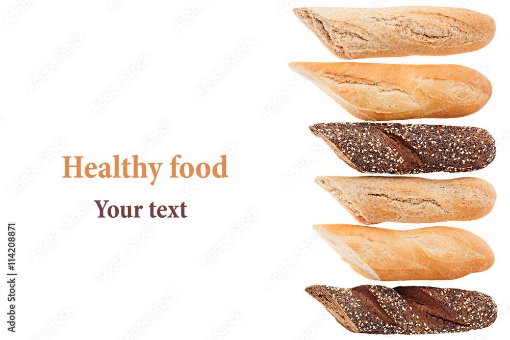 Cut baguette bread of different varieties on a white background. Rye ...