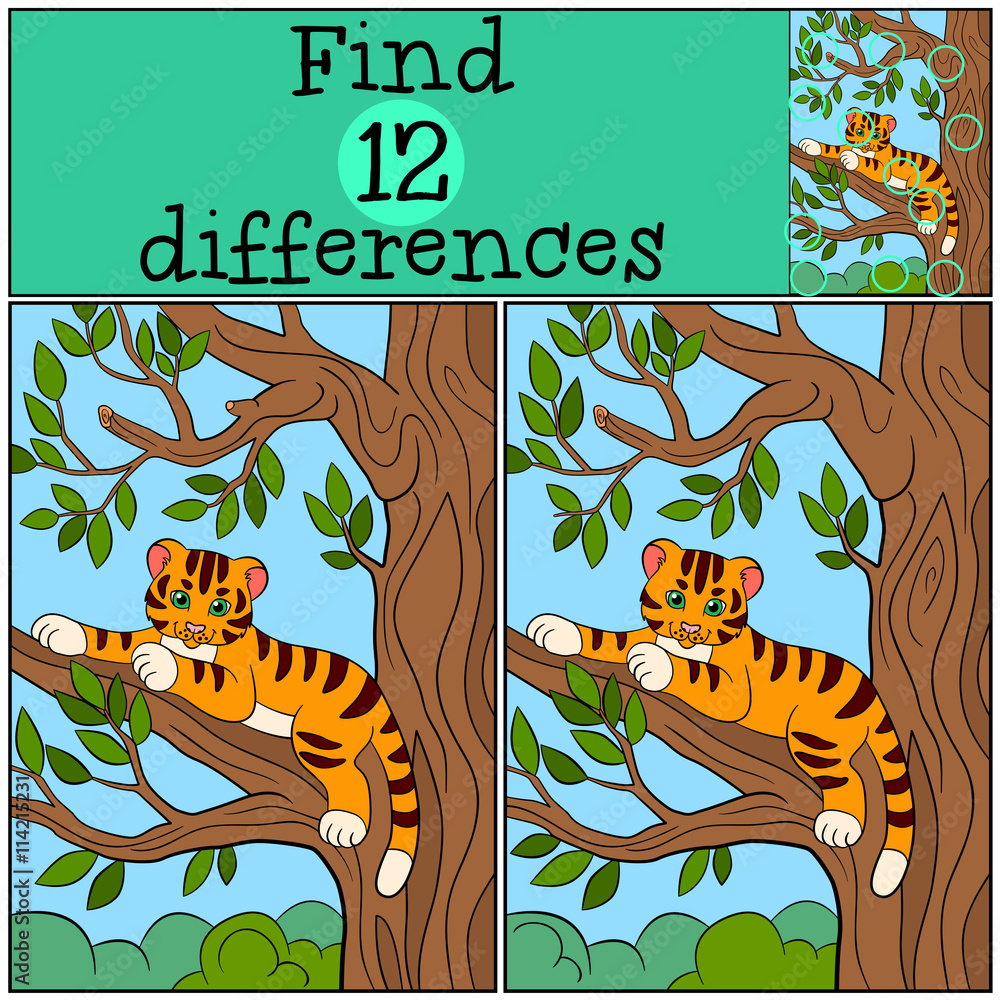 Children games: Find differences. Little cute baby tiger lays on the ...