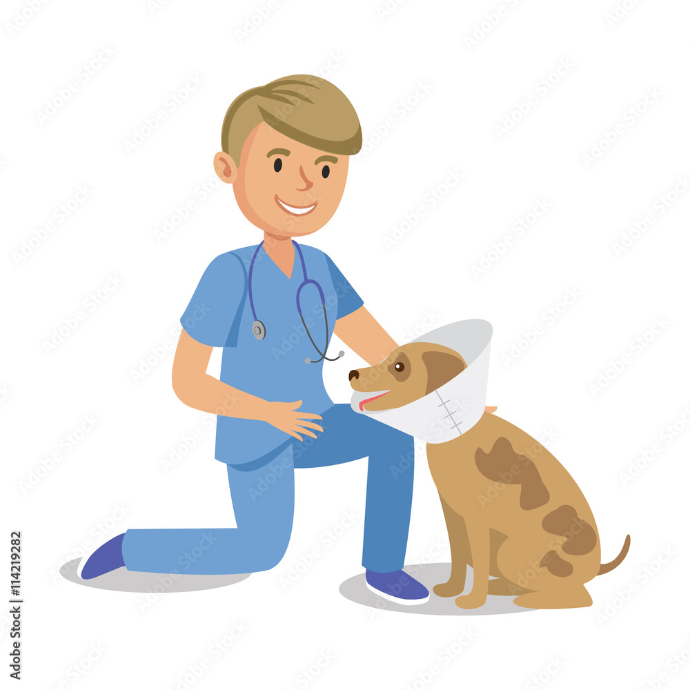 Boy holding dog. Pet doctor. Cartoon veterinarian healing dog. Stock ...