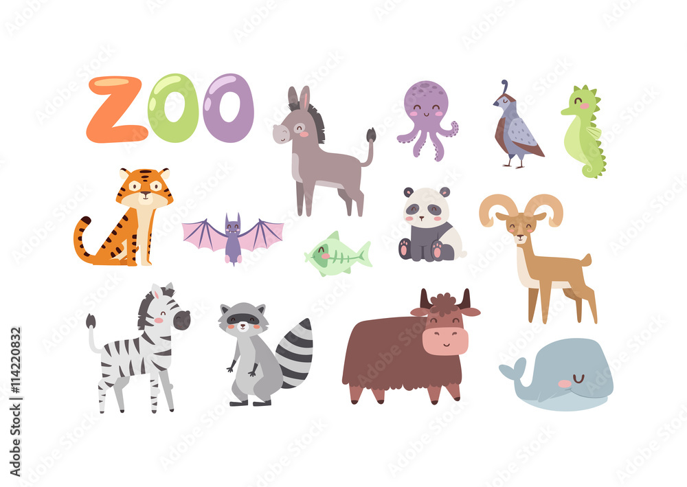 Vector zoo animals. Many different animals panda, sea whale, octopus ...