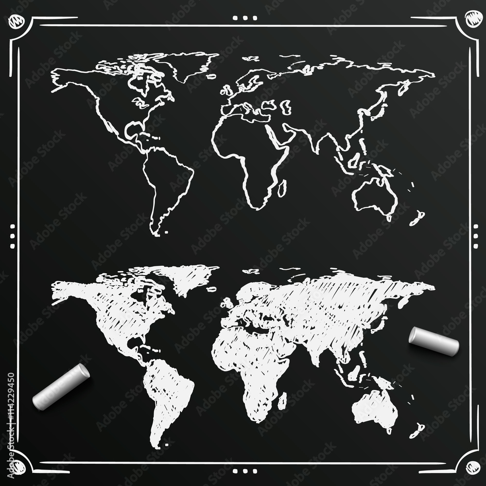 Chalkboard sketch of hand drawn World map, template design element ...