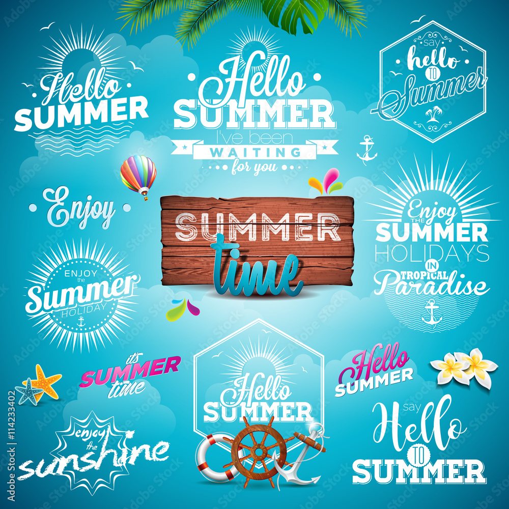 Vector Summer Typography Illustration set with signs and symbols on ...