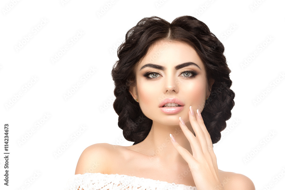 Model with long hairstyle, braids of hair. Hair Salon. Updo. Fas Stock ...