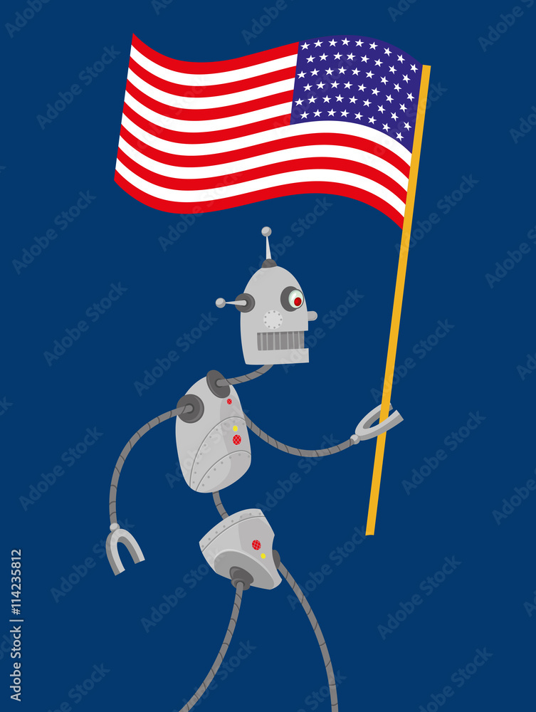 Vetor de Robot patriot marching with the American flag in his hands and ...