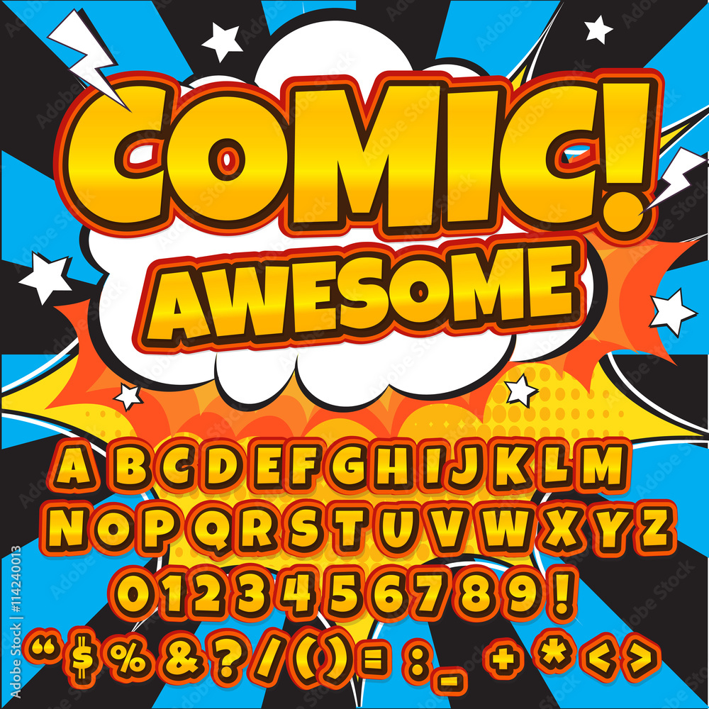Alphabet collection set. Comic pop art style. Letters, numbers and ...