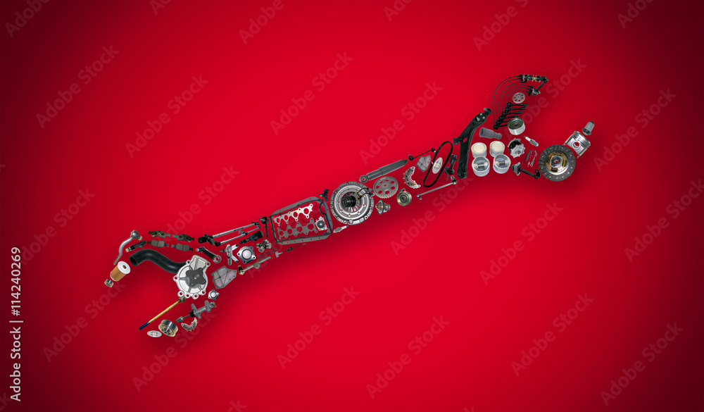 Auto spare parts items in wrench. New original equipment spare parts ...