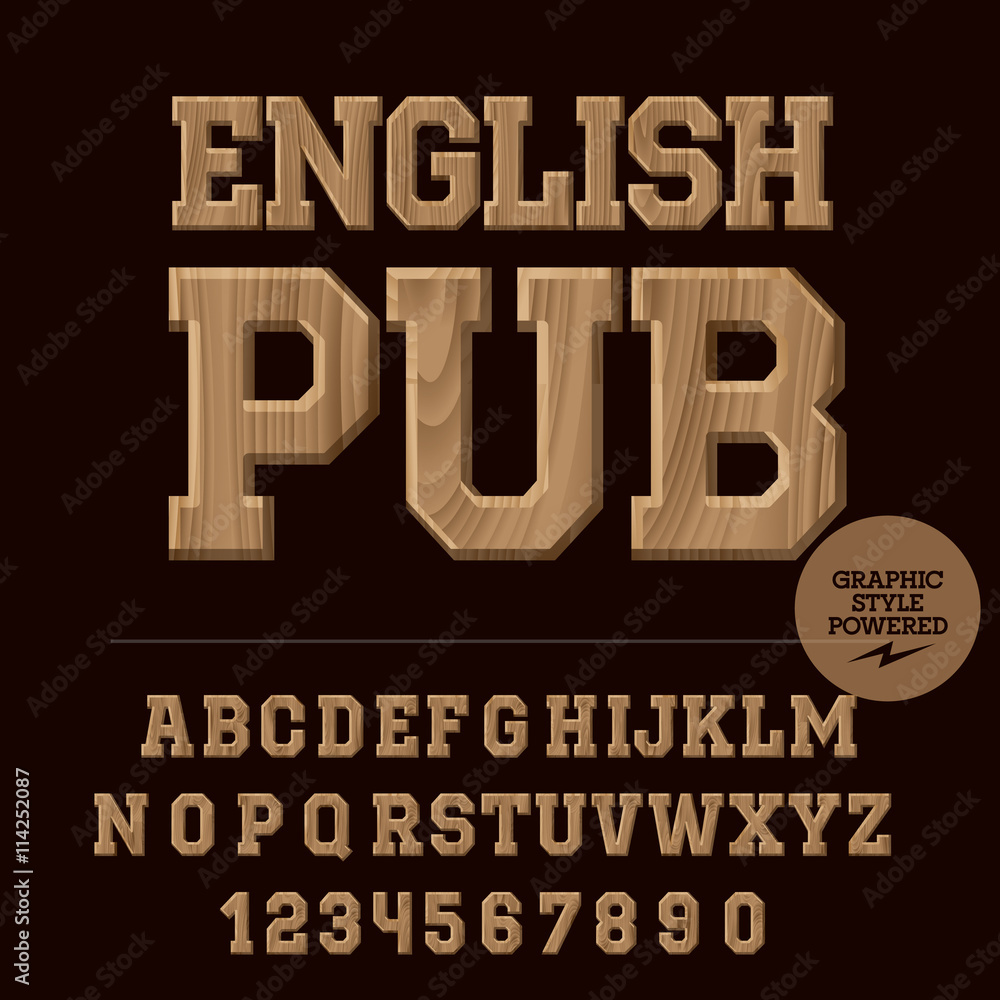 Vector set of alphabet letters, numbers and punctuation symbols. Wooden ...