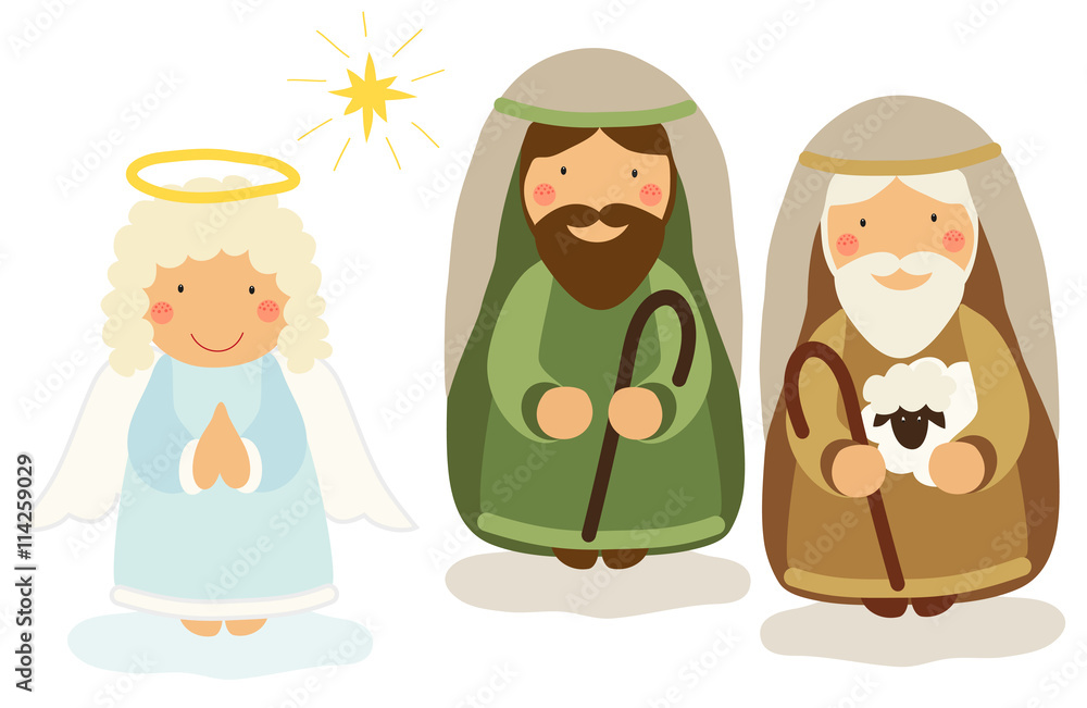 Cute hand drawn characters of Nativity scene as angel and shepherds ...