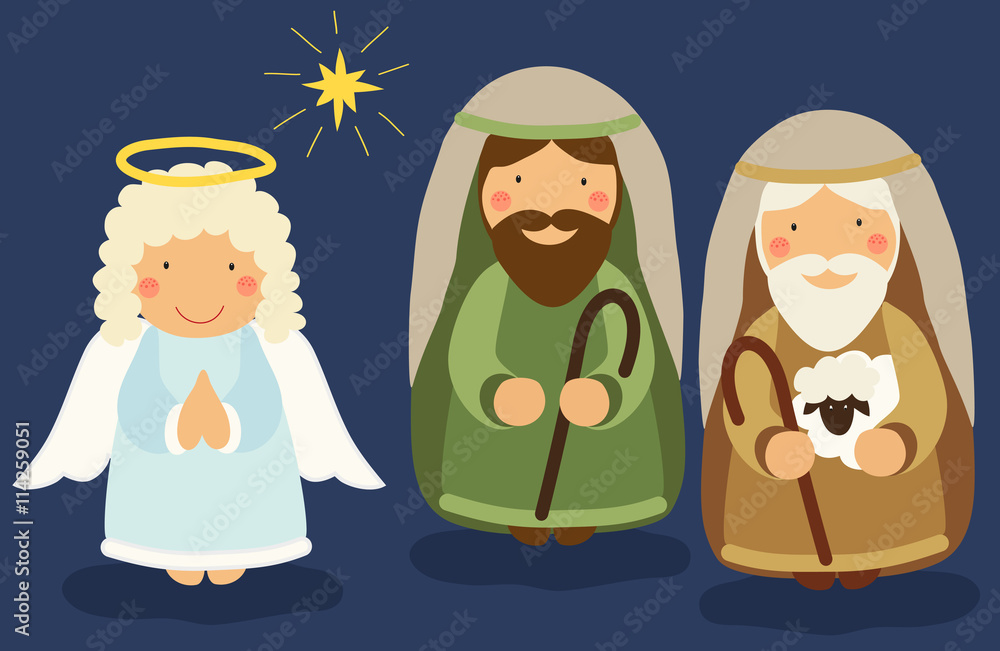 Cute hand drawn characters of Nativity scene as angel and shepherds ...