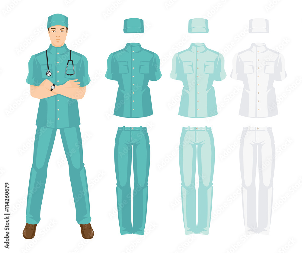 Vector illustration of medical uniform. A young doctor in uniform and ...