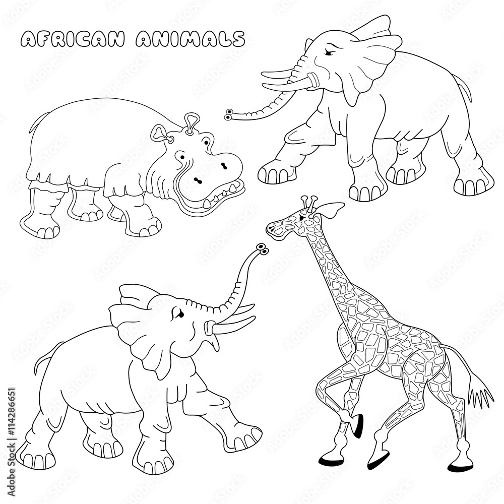 Coloring book or page with elephant, hippo and giraffe. Vector ...