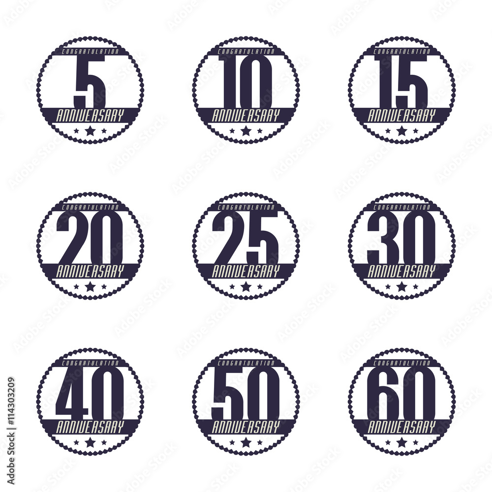 Vector set of anniversary signs, symbols. 5, 10, 15, 20, 25, 30, 40, 50 ...