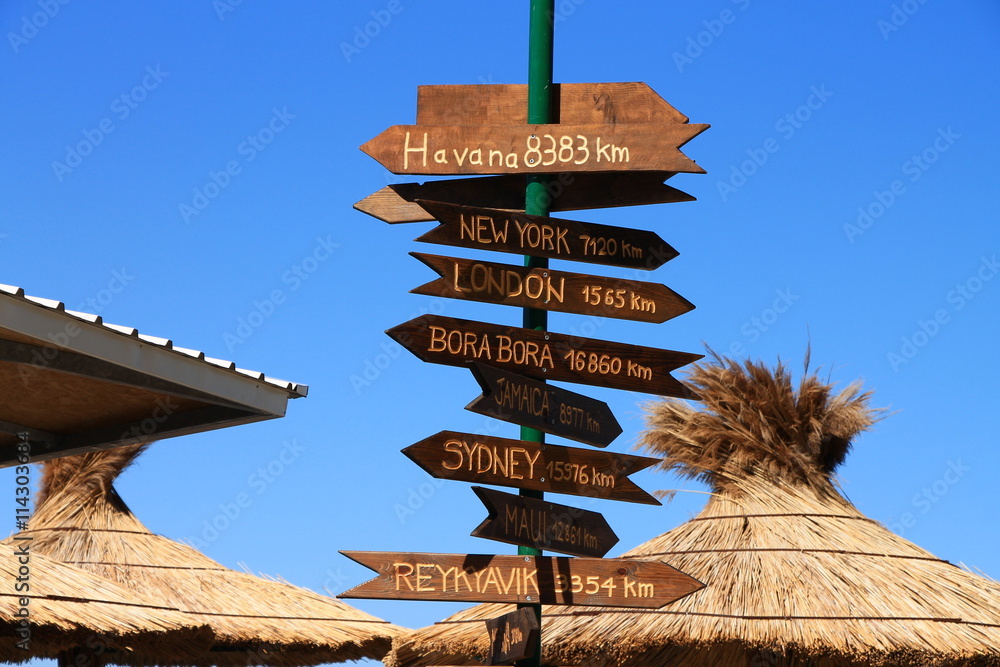 Funny direction signpost with distance to many different cities in the ...