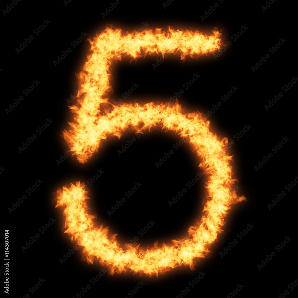 Digit number 5 with fire on black background- Helvetica font based ...