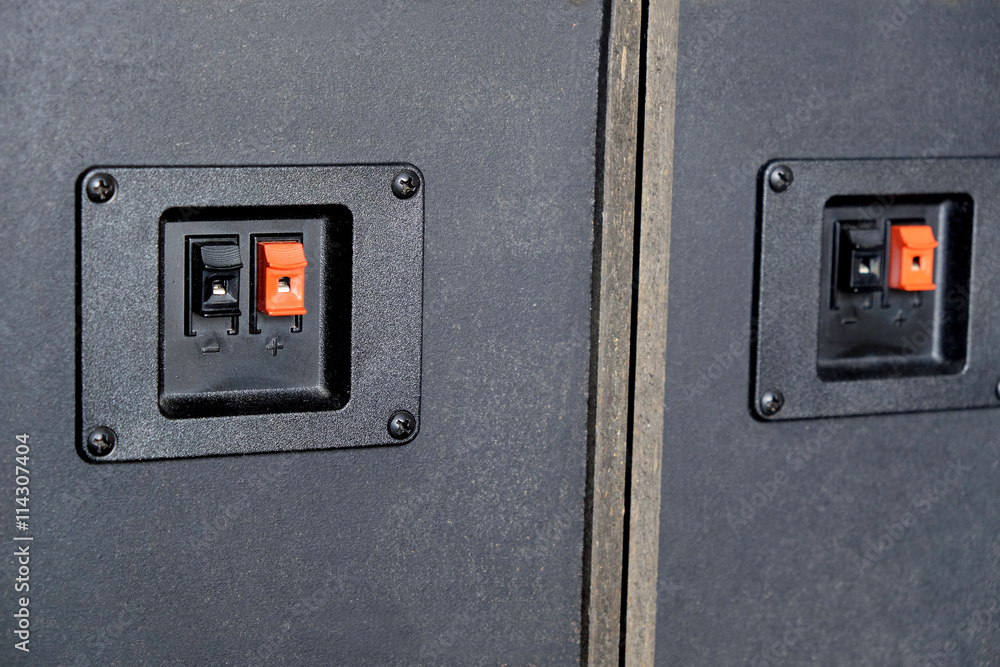 Cable connection sockets on rear side speaker system boxes side view ...