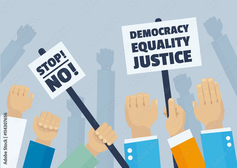 Political demonstration, hands holding signs of protest, politics ...