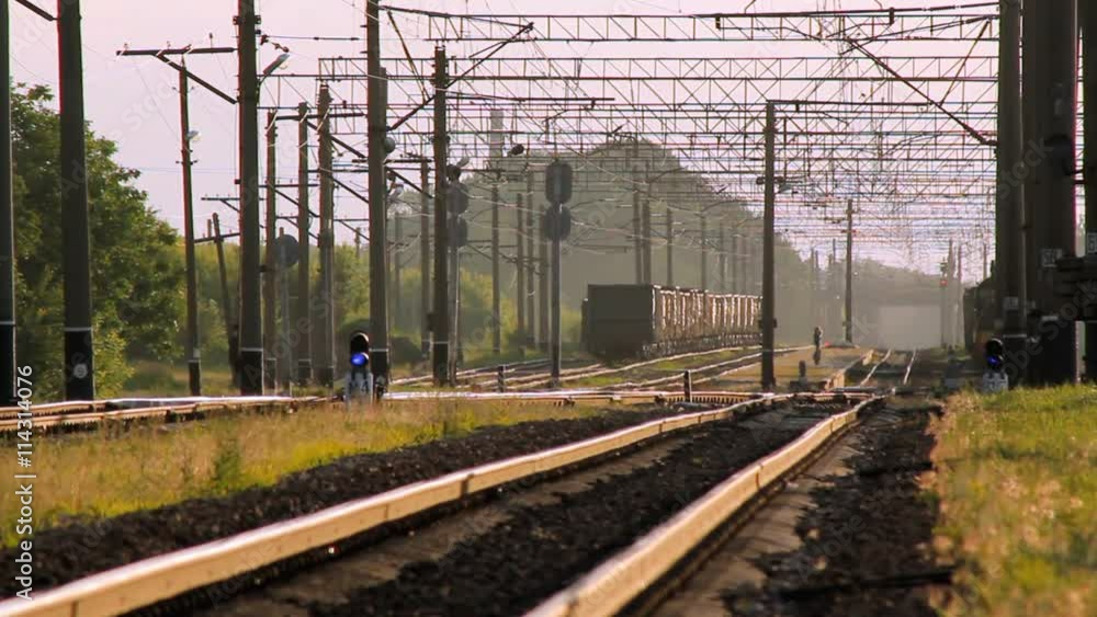 Vidéo Stock Cargo Train Pulls Cargo train with wagons, a Train pulls ...
