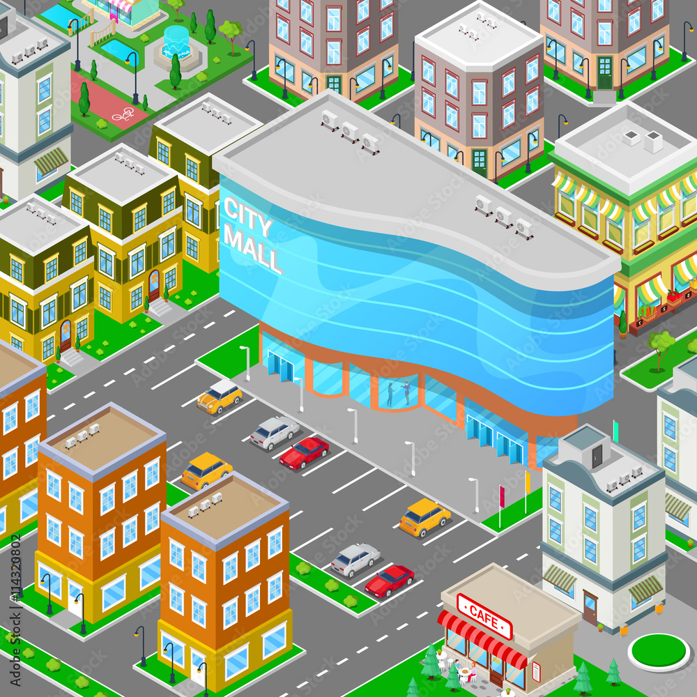 Isometric City Mall. Modern Shopping Center Building with Parking Zone ...