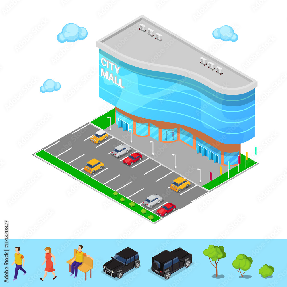 Isometric City Mall. Modern Shopping Center Building with Parking Zone ...