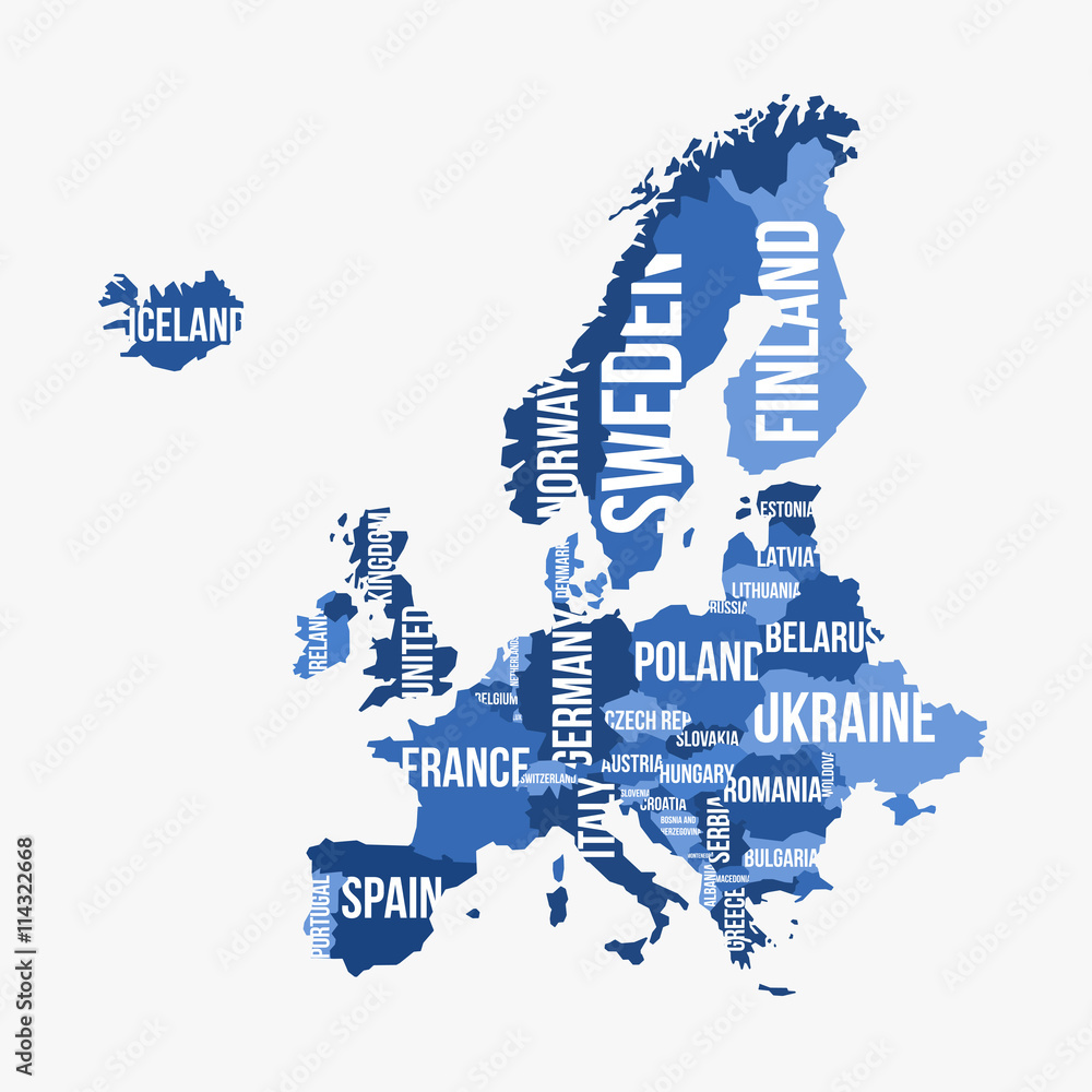 Vector detailed map of Europe with borders and country names Stock ...