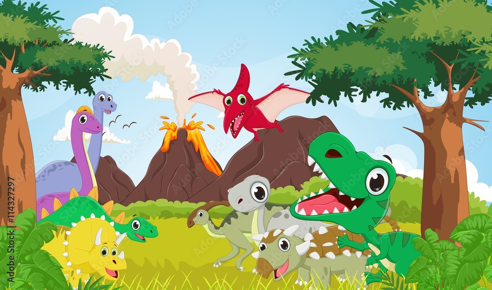 Cartoon group of dinosaur with the prehistoric background Stock Vector ...