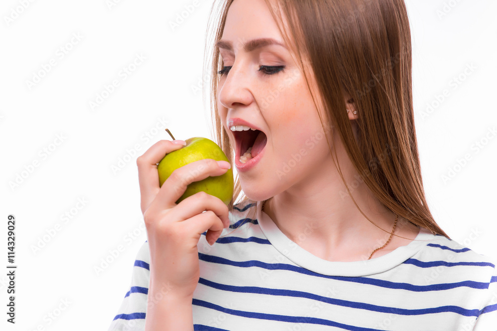 Young girl eat apple. Female teeth and apple. Healthy eating on white ...