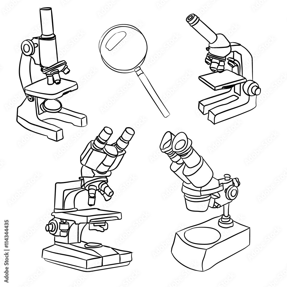A set of illustrations of different microscopes and magnifiers Stock ...