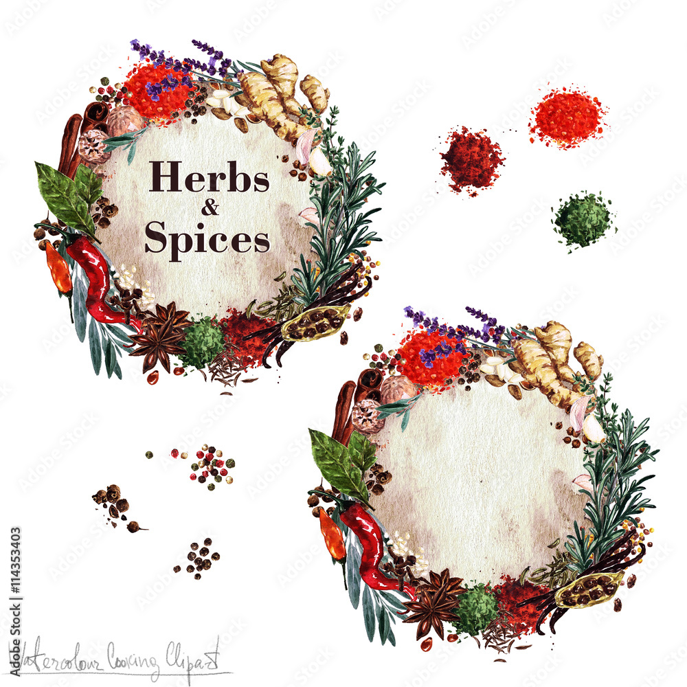 Watercolor Cooking Clipart - Set of 'Herbs and Spices' labels. Isolated ...