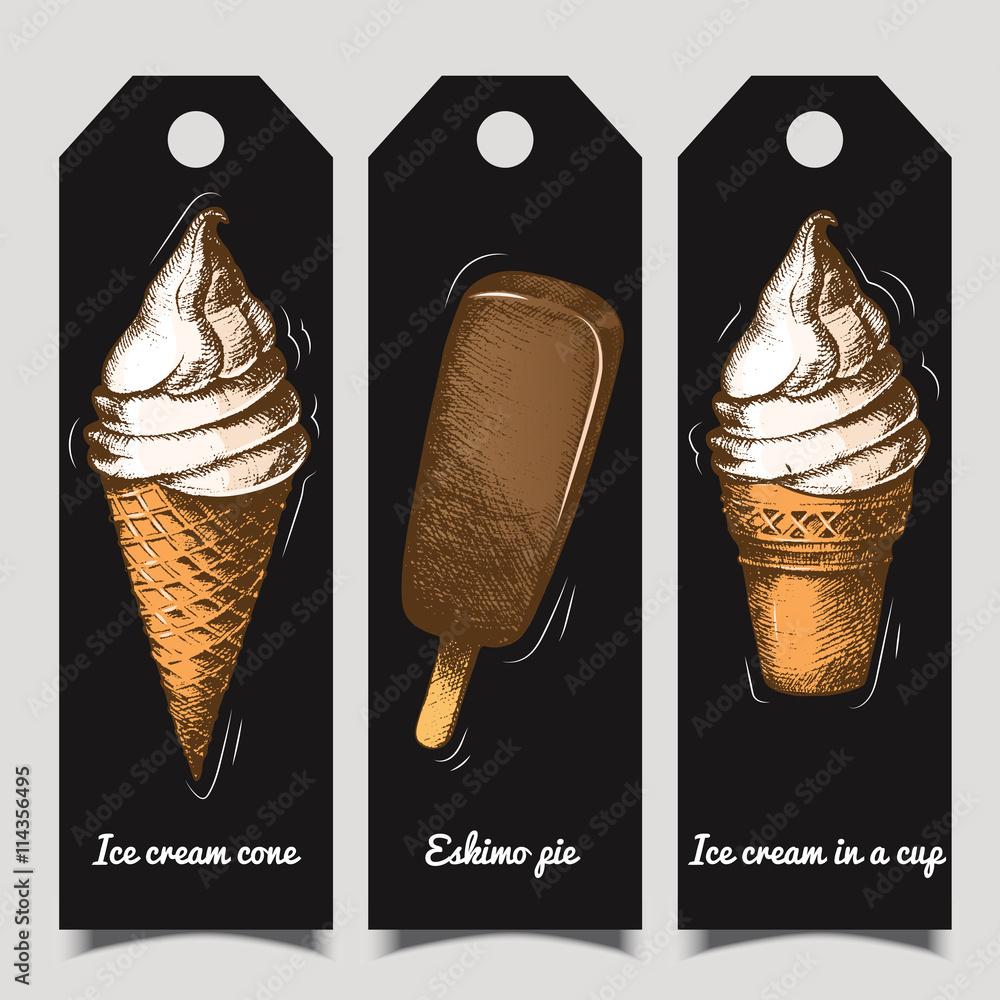 A set of tags with different ice cream on black, freehand drawing ...