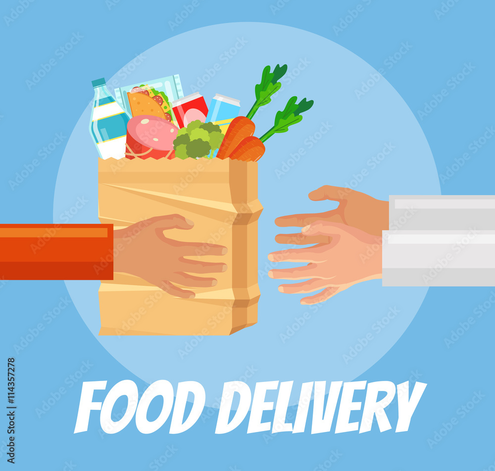 Food delivery. Hands hold food package. Courier gives food package to ...