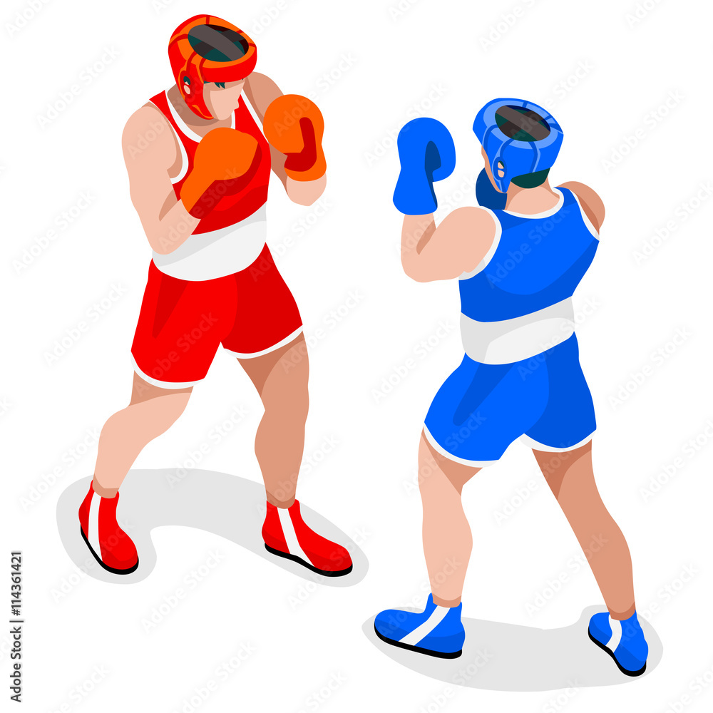 Olympics Boxing Players Summer Games Icon Set.3D Isometric Boxer ...