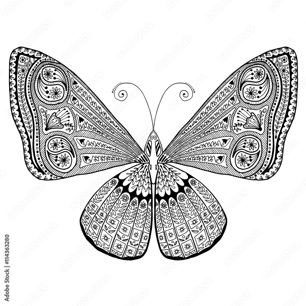 Butterfly with intricate detailed hand-drawn wings (flowers, vines ...
