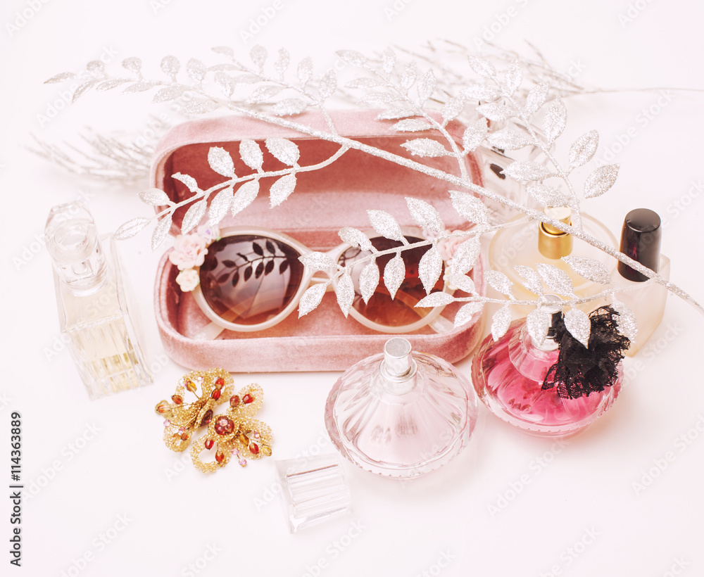 Jewelry table with lot of girl stuff on it, little mess in cosmetic ...