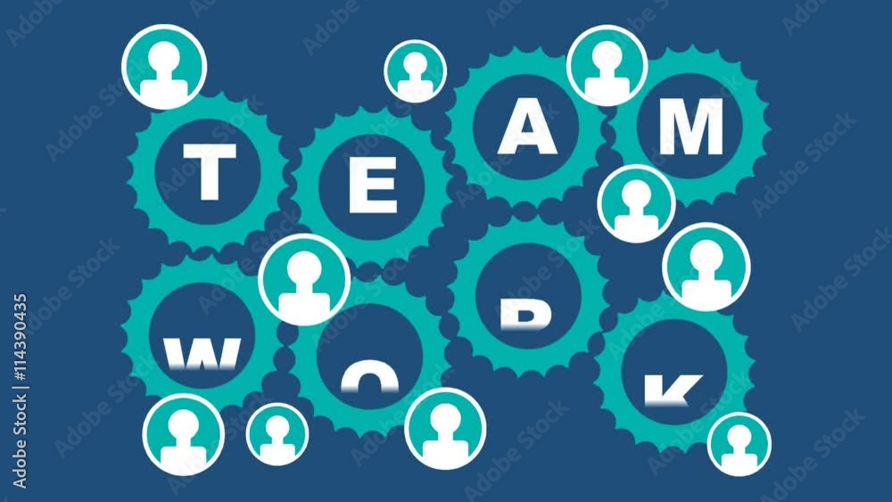 Team work animated illustration. Rotating gears, people icons, finger ...