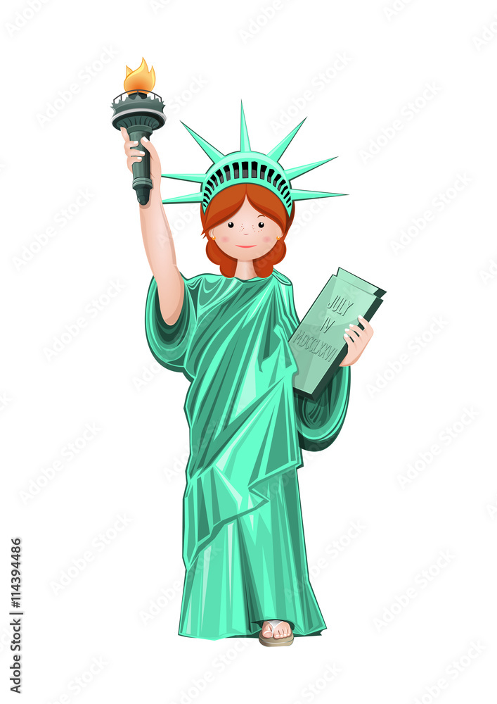Cute girl in costume Statue of Liberty. Red-haired girl dressed as the ...
