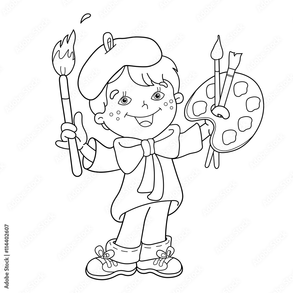 Coloring Page Outline Of cartoon boy artist with paints Stock Vector ...