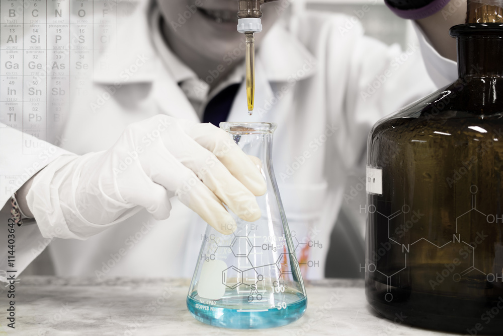 The woman who's the scientist is doing the experiment, the titration of ...