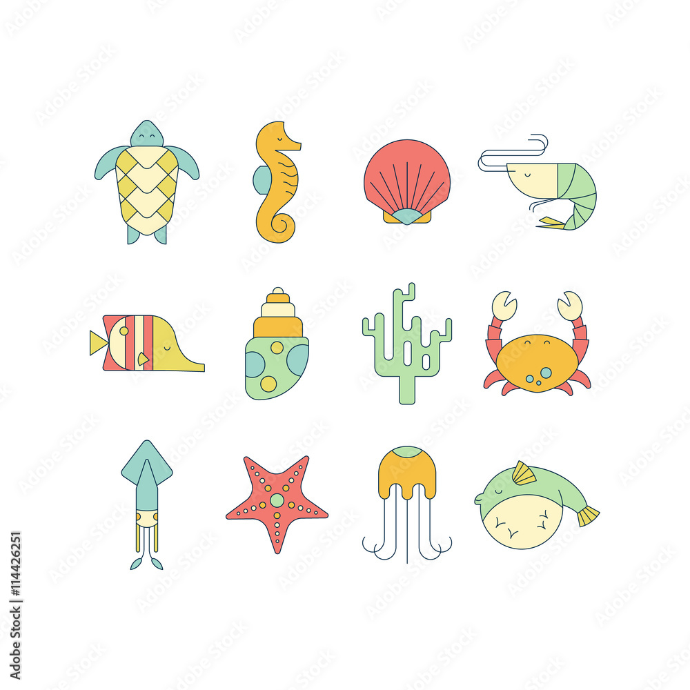 Set of marine colorful icons with sea creatures. Stock Vector | Adobe Stock