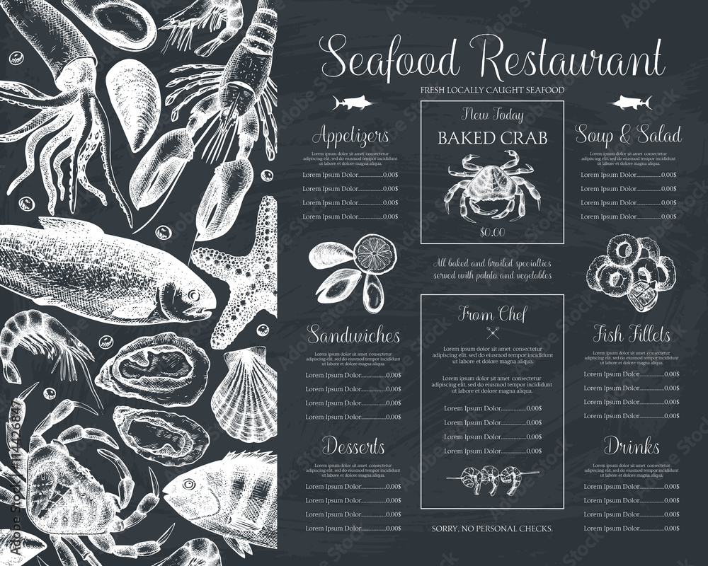 Decorative Seafood restaurant menu or flyer design. Vector menu ...